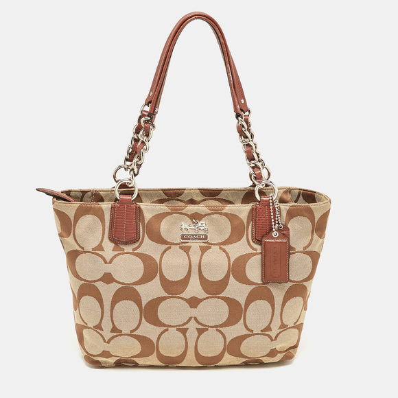 Coach | Bags | Coach Brownbeige Signature Canvas And Leather Chain Tote ...
